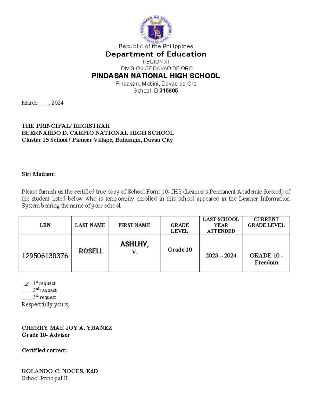 Request-Form-SF10 2023 - Republic of the Philippines Department of ...