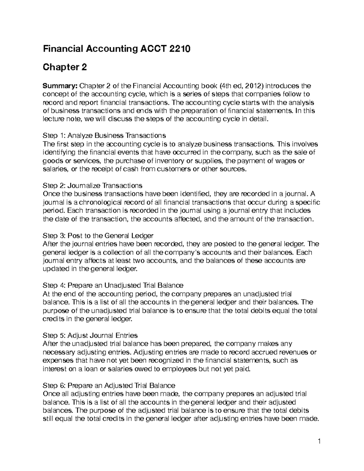 ACCT 2210 - Chapter 2 - Financial Accounting ACCT 2210 Chapter 2 Summary: Chapter 2 of the ...