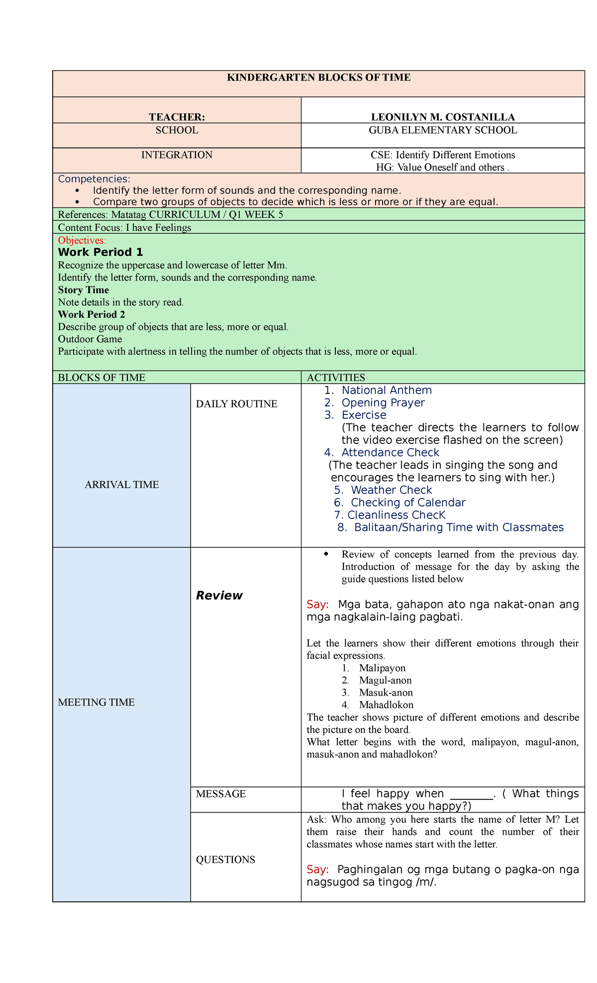 Leonilyn cot - Currently studying - KINDERGARTEN BLOCKS OF TIME TEACHER ...