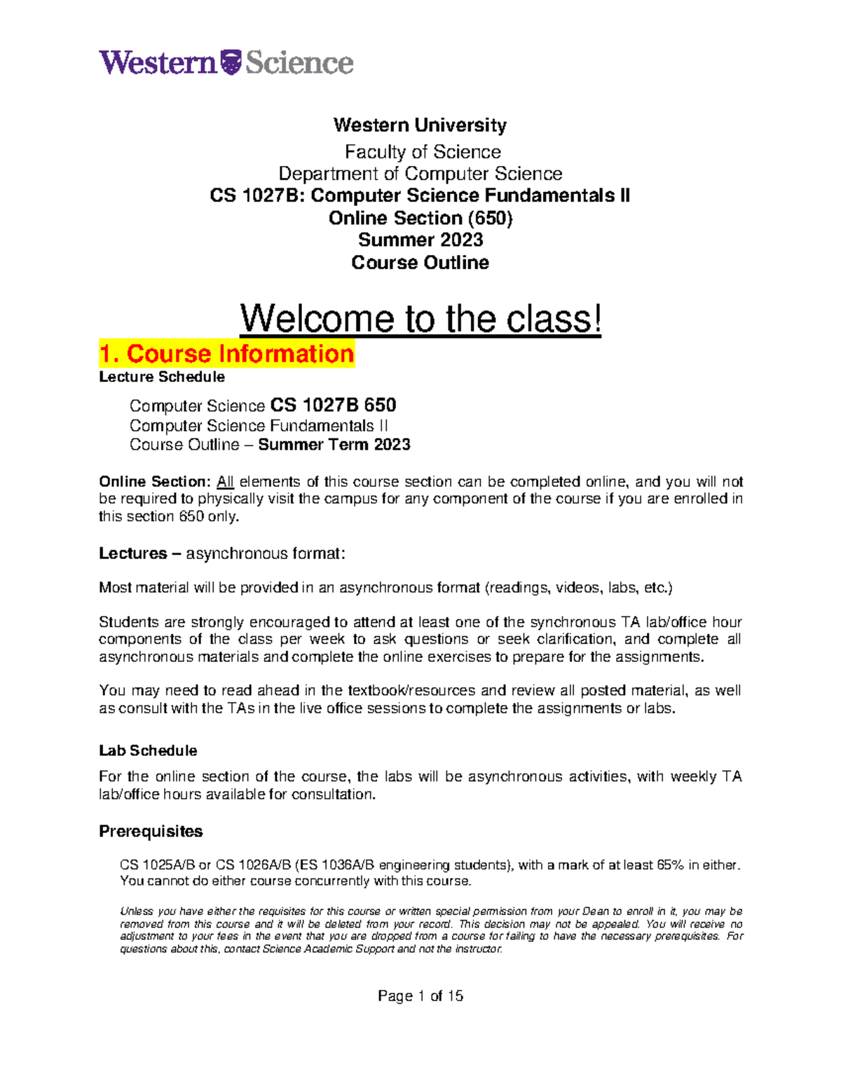 Syllabus CS 1027 - Western University Faculty of Science Department of ...