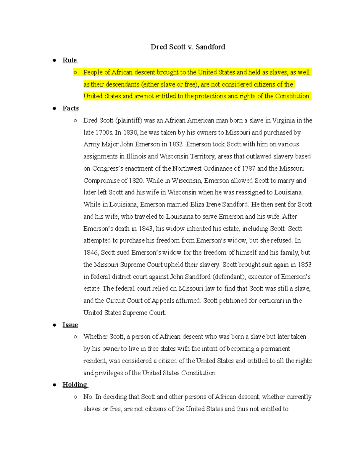 Con Law II- Dred Scott v. Sandford - Dred Scott v. Sandford Rule People ...