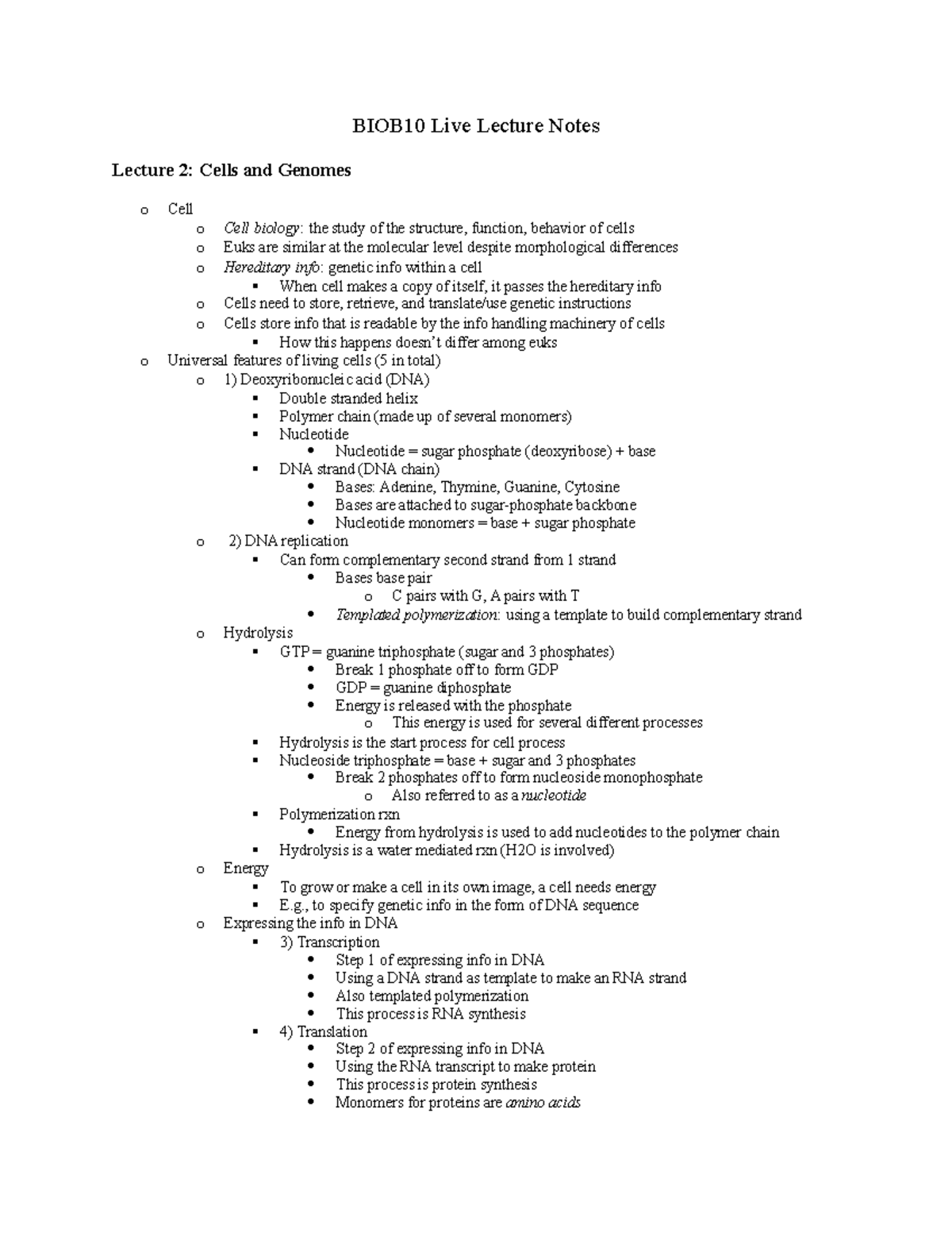 BIOB10 - Live Lecture Notes - BIOB10 Live Lecture Notes Lecture 2 ...