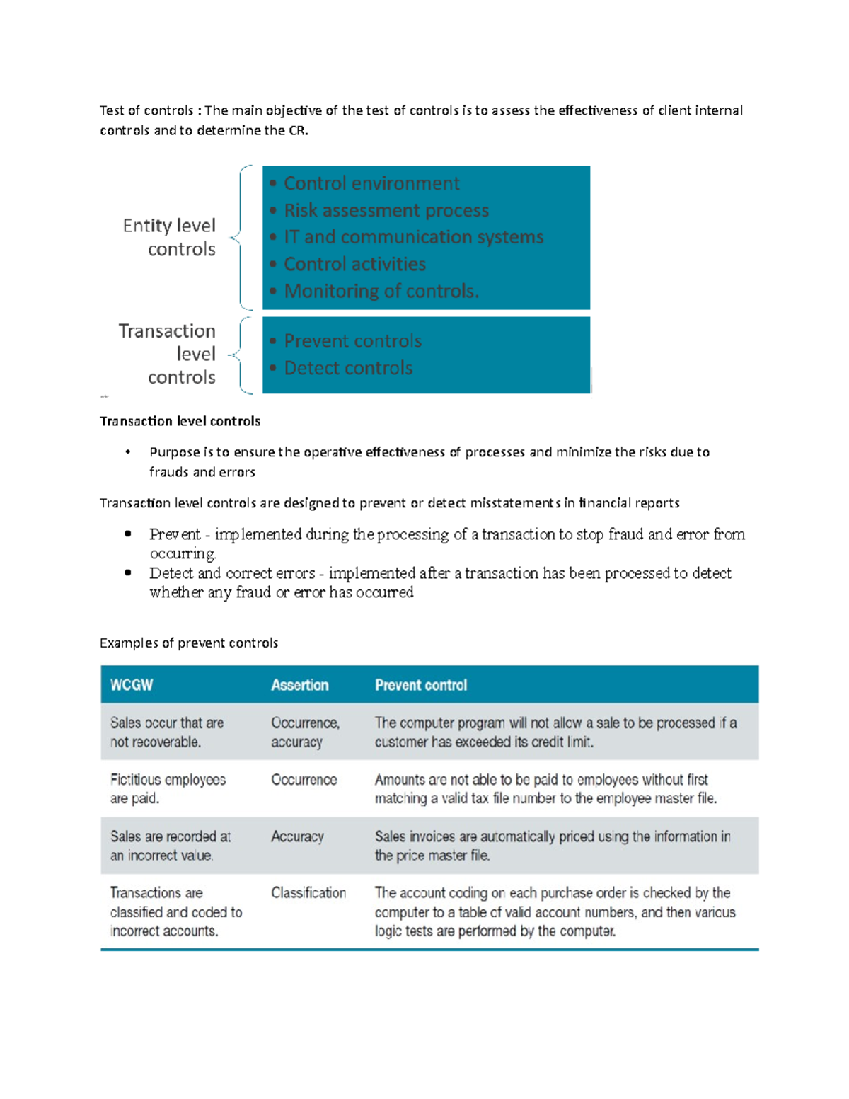 Week 7 notes - Test of controls : The main objective of the test of ...