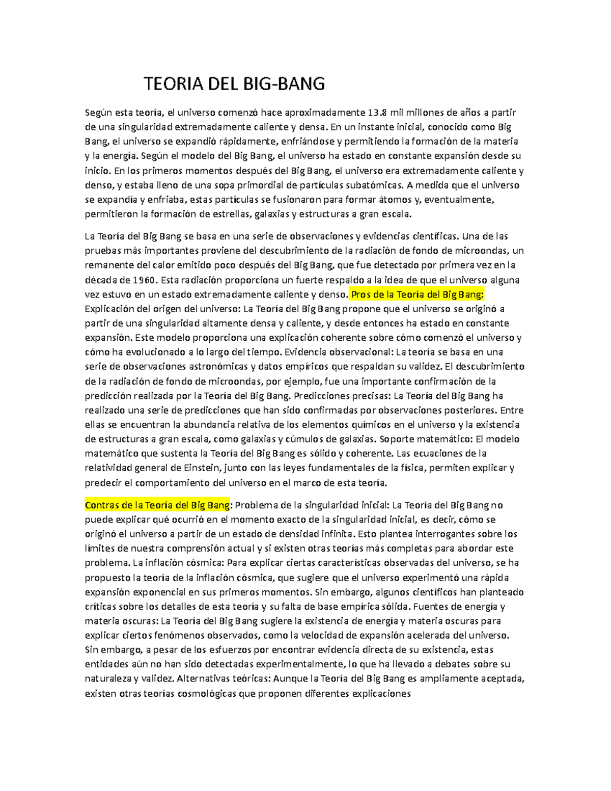 Teoria DEL BIG BANG - LISTO - TEORIA DEL BIG-BANG Según esta teoría, el ...