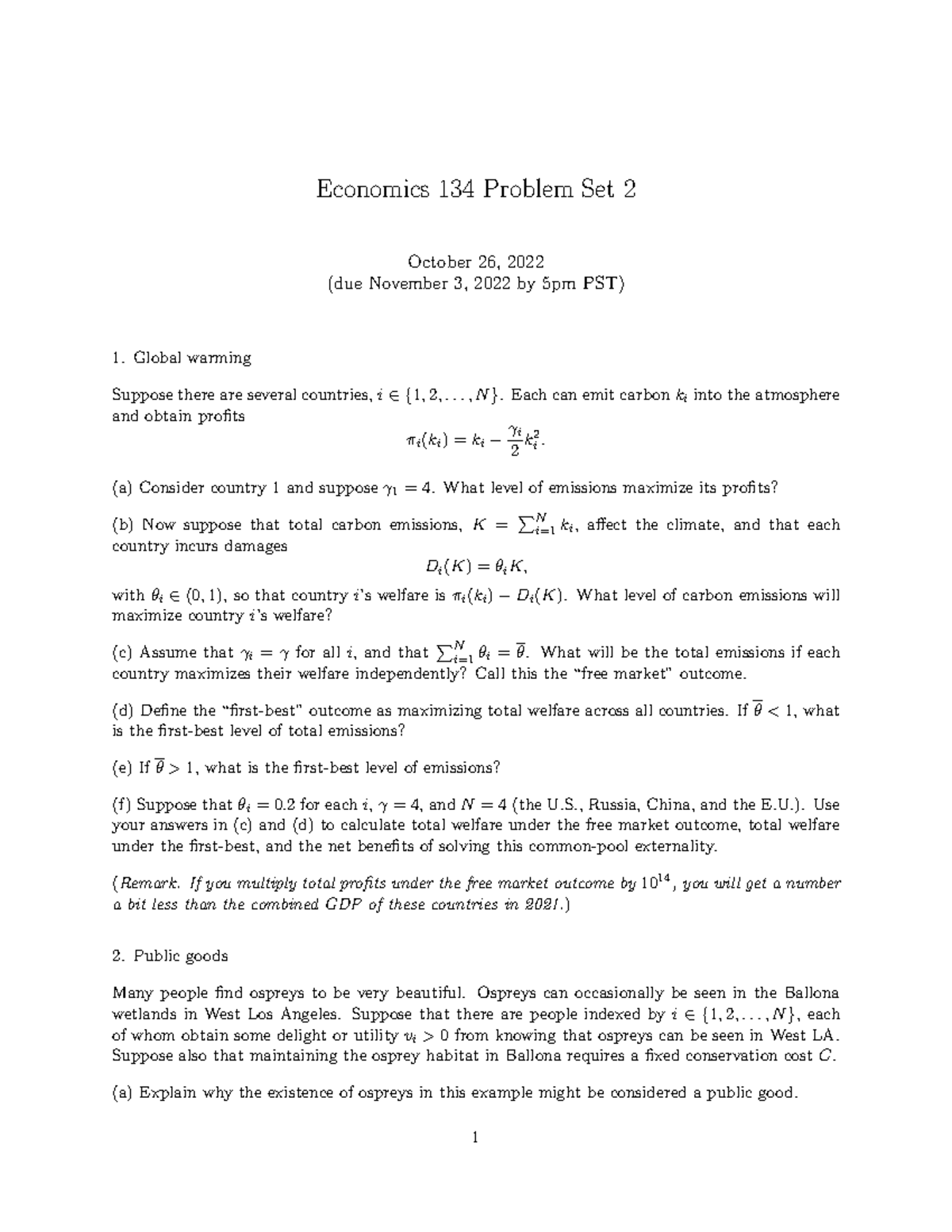 Econ 134 F22 PS2 - Problem Set Two for Econ 134 - Economics 134 Problem ...