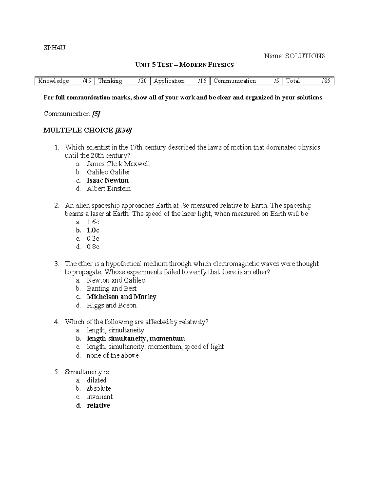Sph4u - unit 5 - modern physics - practice test answers - SPH4U Name ...