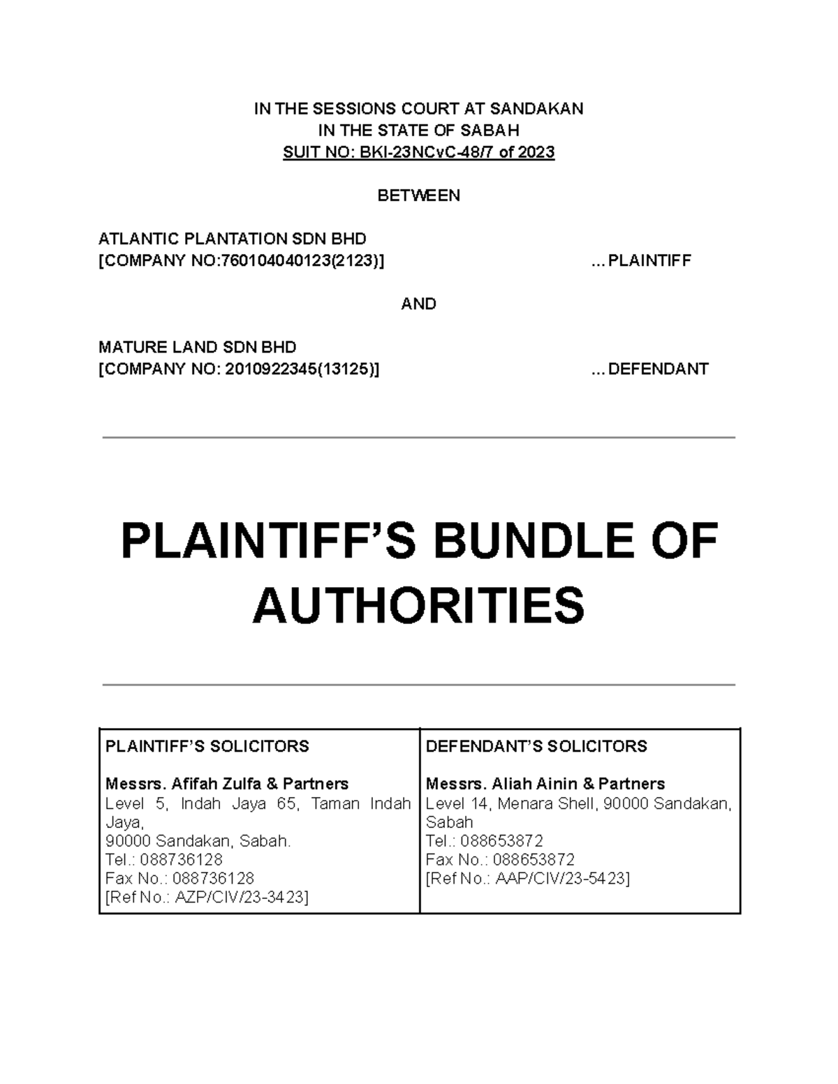 BUNDLE OF AUTHORITIES - IN THE SESSIONS COURT AT SANDAKAN IN THE STATE ...