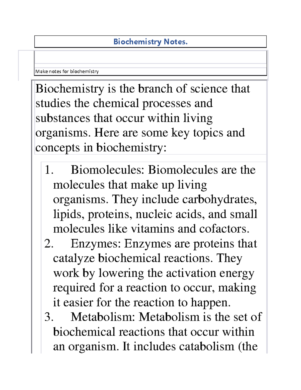 Biochemistry 1-4 - Biochemistry Notes. Make notes for biochemistry ...