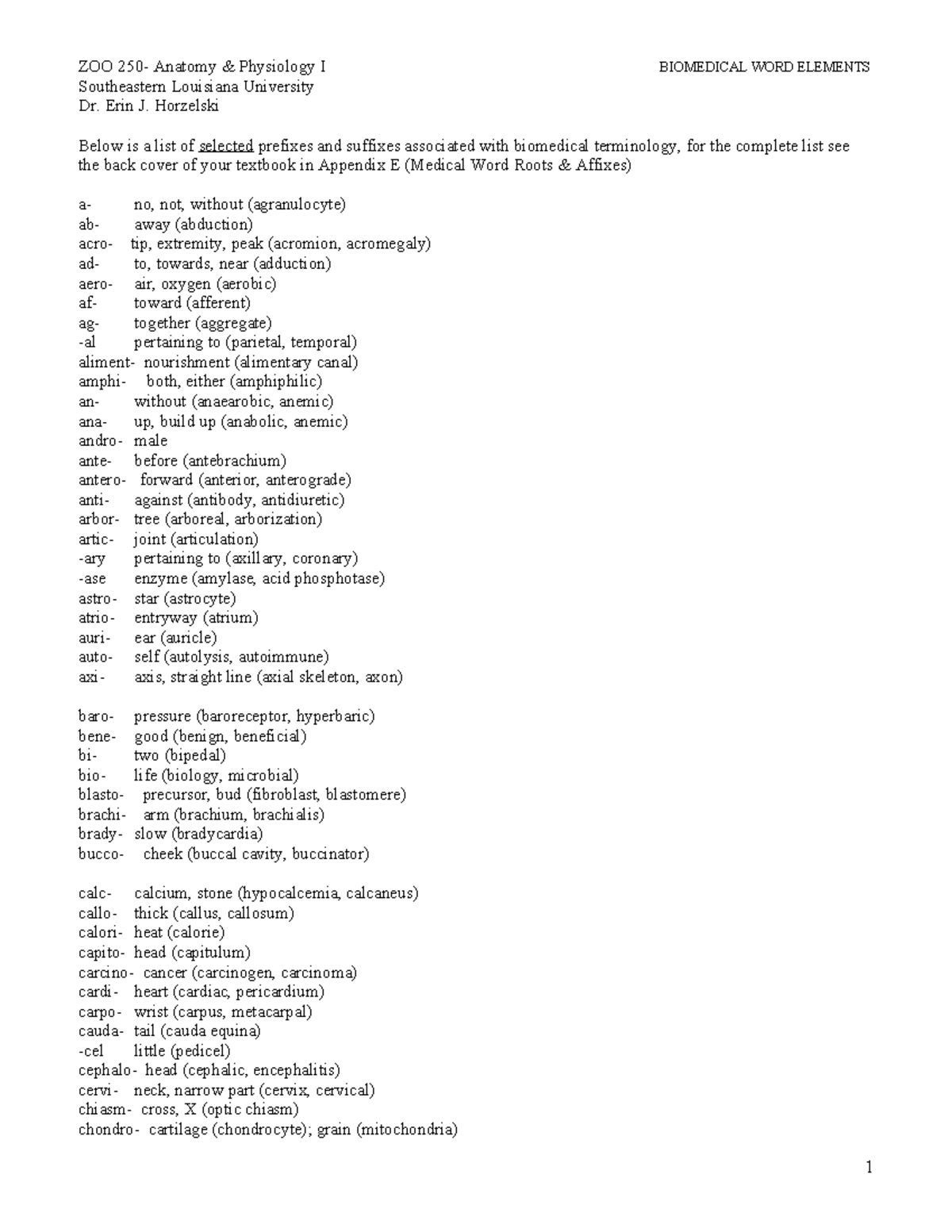 Biomedical words Appendix E - ZOO 250- Anatomy & Physiology I ...