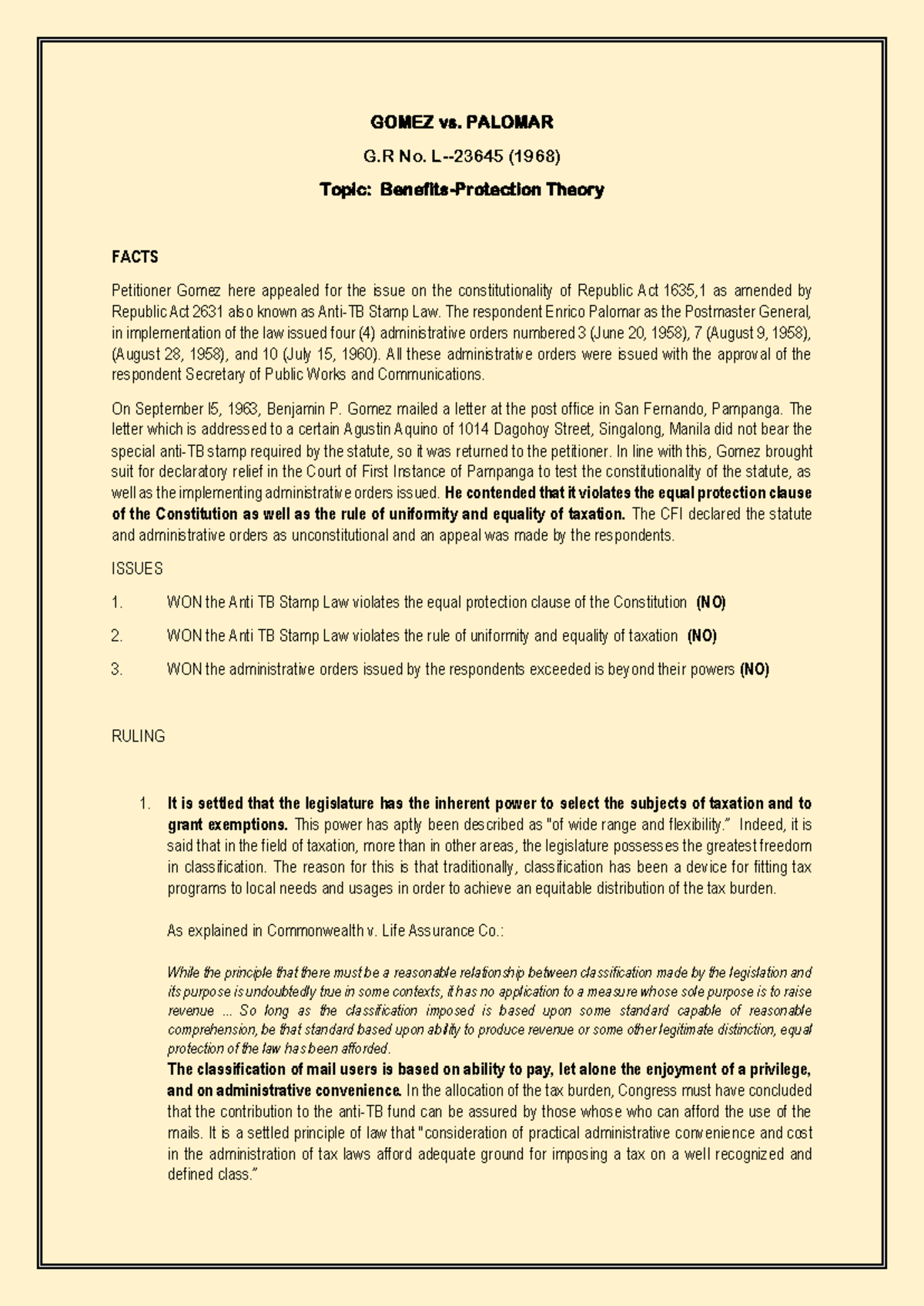 Gomez vs Palomar(Benefits Protection Theory) - GOMEZ vs. PALOMAR G No ...