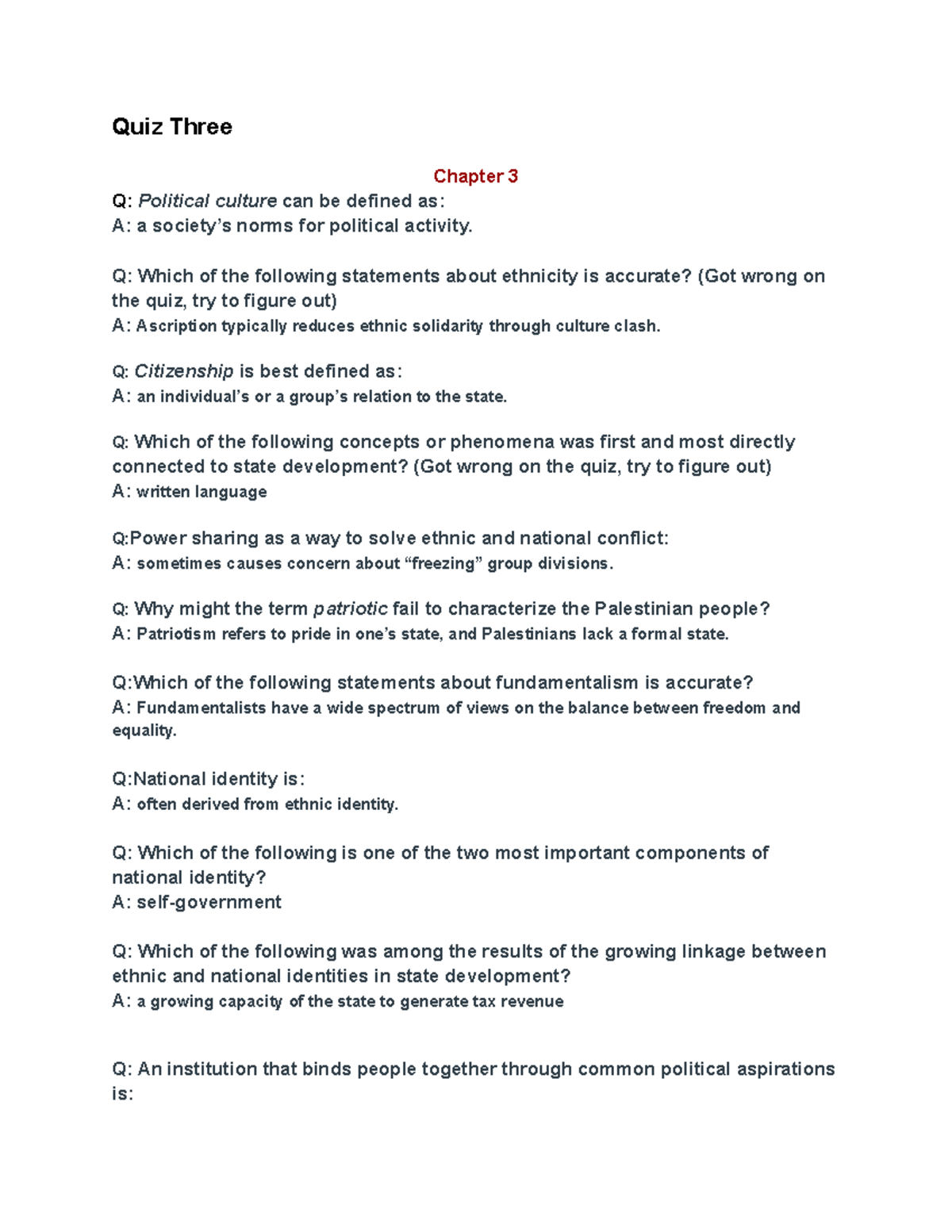 Comparative Politics Quiz Three Study Guide Notes - Quiz Three Chapter ...