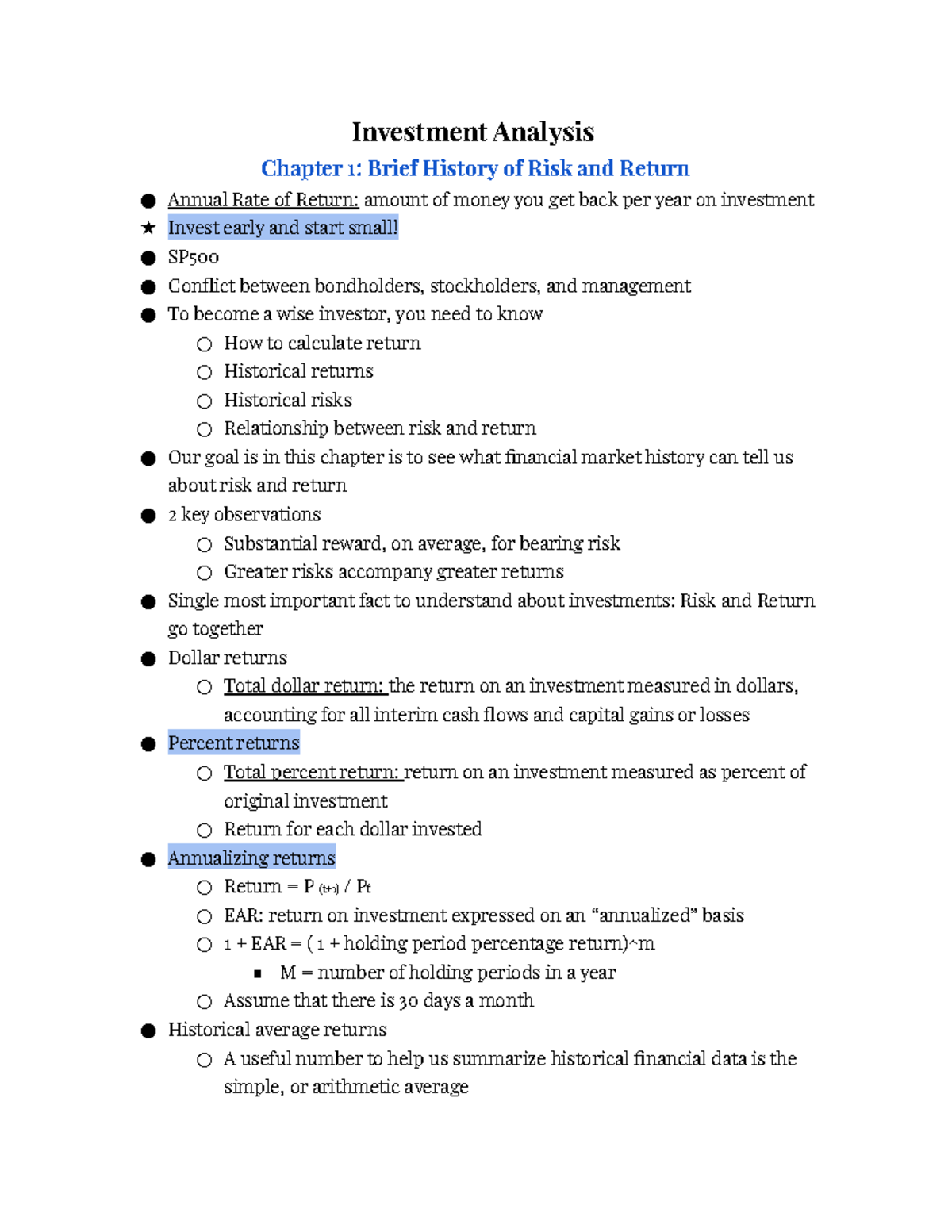 Investment Analysis - Chapter 1 notes and Exam 1 review - Investment ...