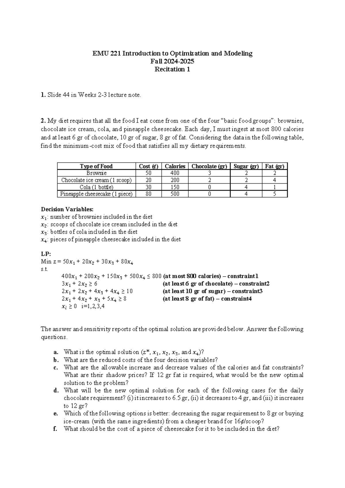 Recitation 1 - EMU 221 Introduction to Optimization and Modeling Fall ...