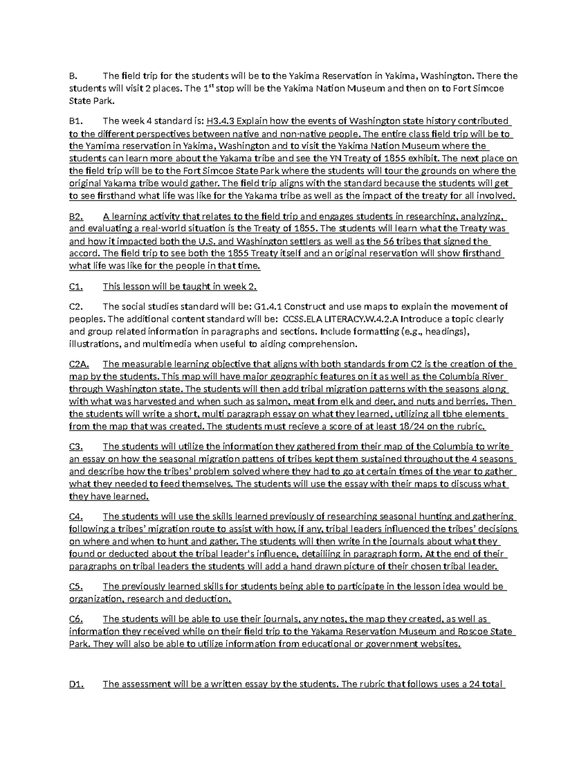 C104 Rewrite - C104 completed essay - B. The field trip for the ...