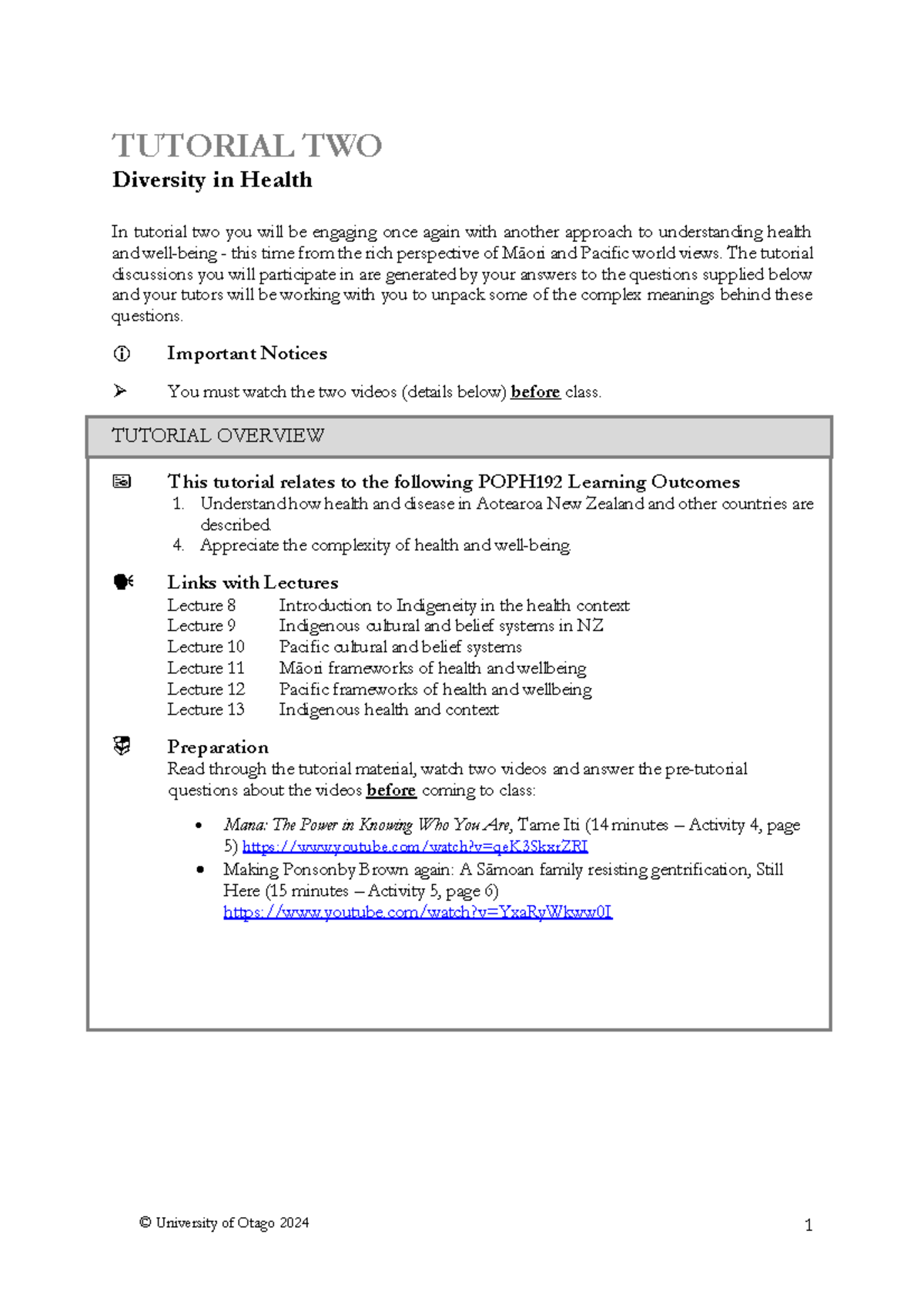 Tutorial 2 - TUTORIAL TWO Diversity in Health In tutorial two you will be engaging once again ...