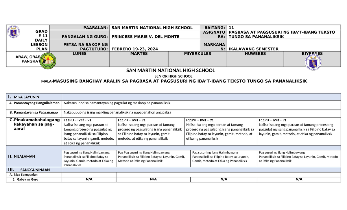 4th Quarter DLP WEEK 2 - GRAD E 11 DAILY LESSON PLAN PAARALAN: SAN MARTIN NATIONAL HIGH SCHOOL ...