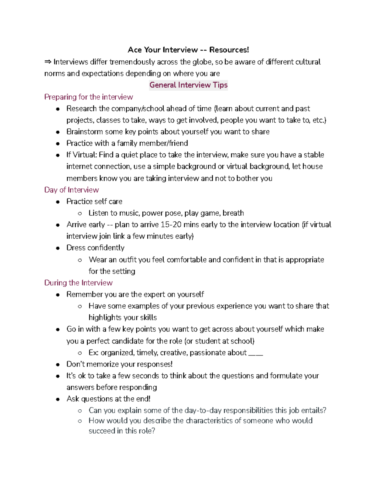 Ace Your Interview Resource - BUSI528 - Studocu