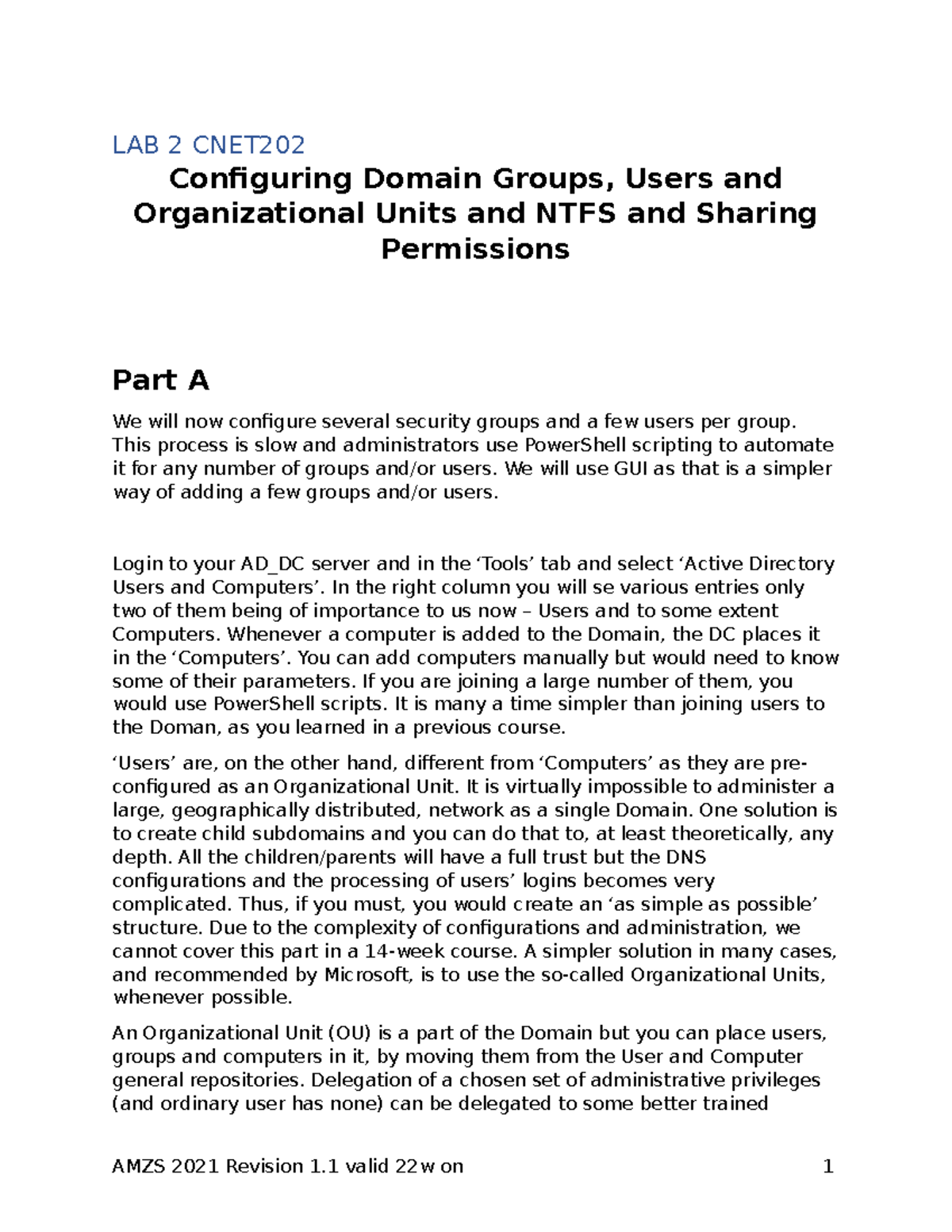 LAB 2 - Configuring Domain Groups, Users and Organizational Units and NTFS and Sharing - LAB 2 ...