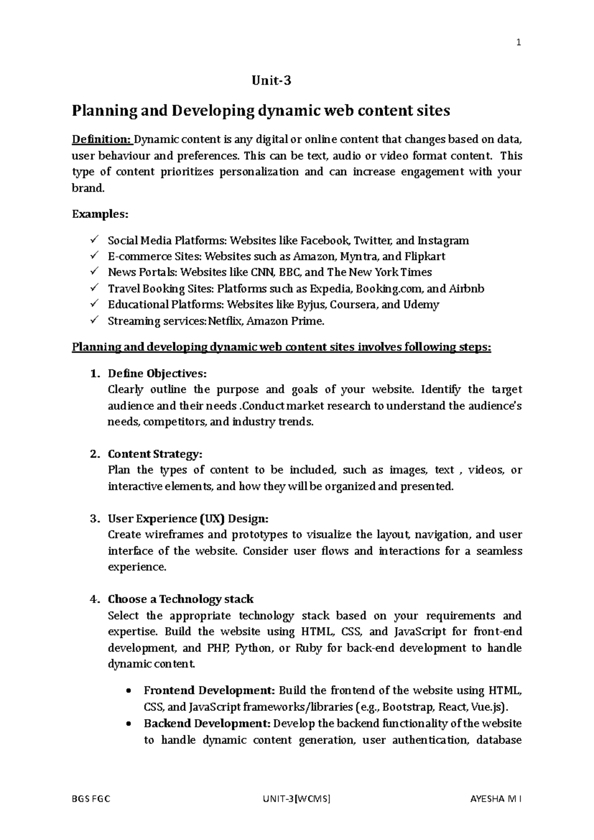 Wcms Unit 3 Its A Wcms Notes Unit 3 Planning And Developing Dynamic Web Content Sites