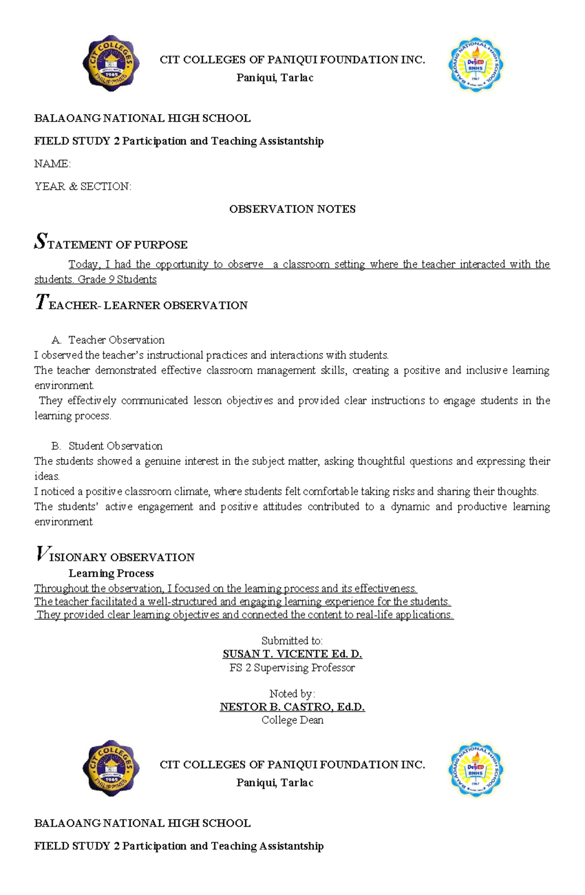 STV FORM FOR Someone - Summary Bachelor of Elementary Education - CIT ...