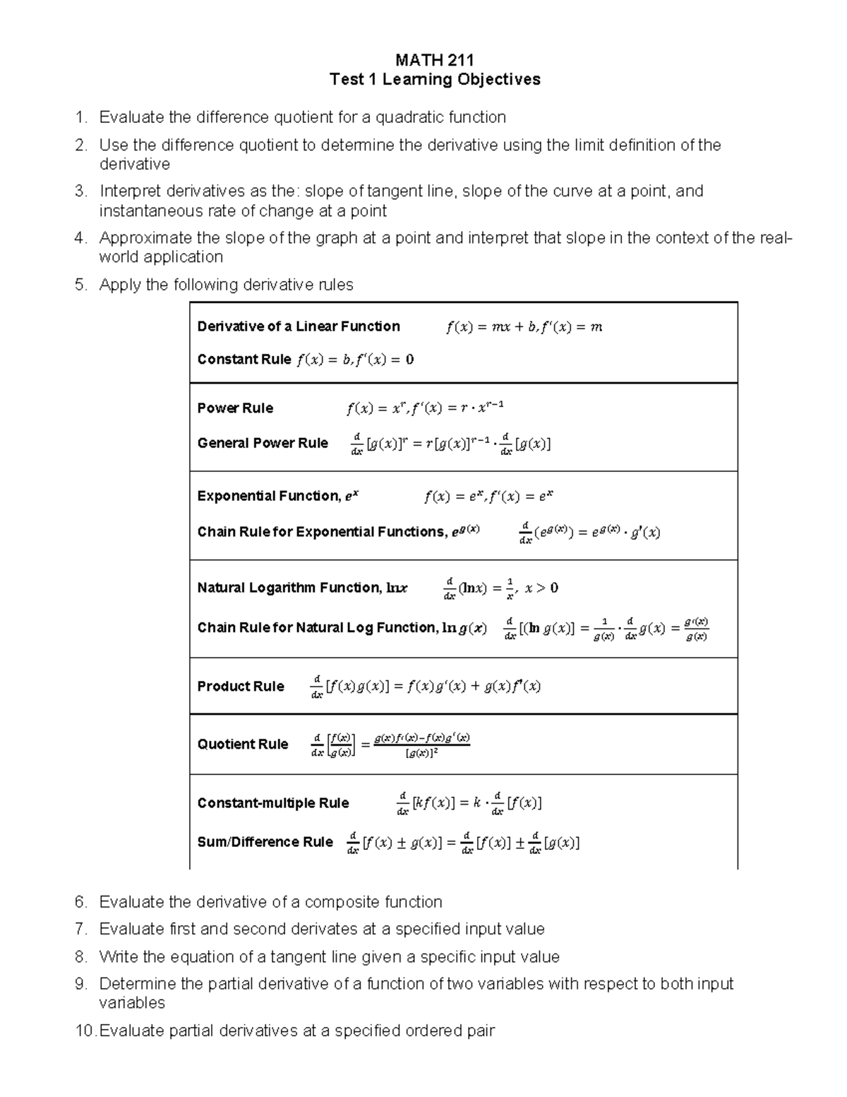 Test 1 Learning Objectives Sp24 Math 211 Test 1 Learning Objectives 1 Evaluate The