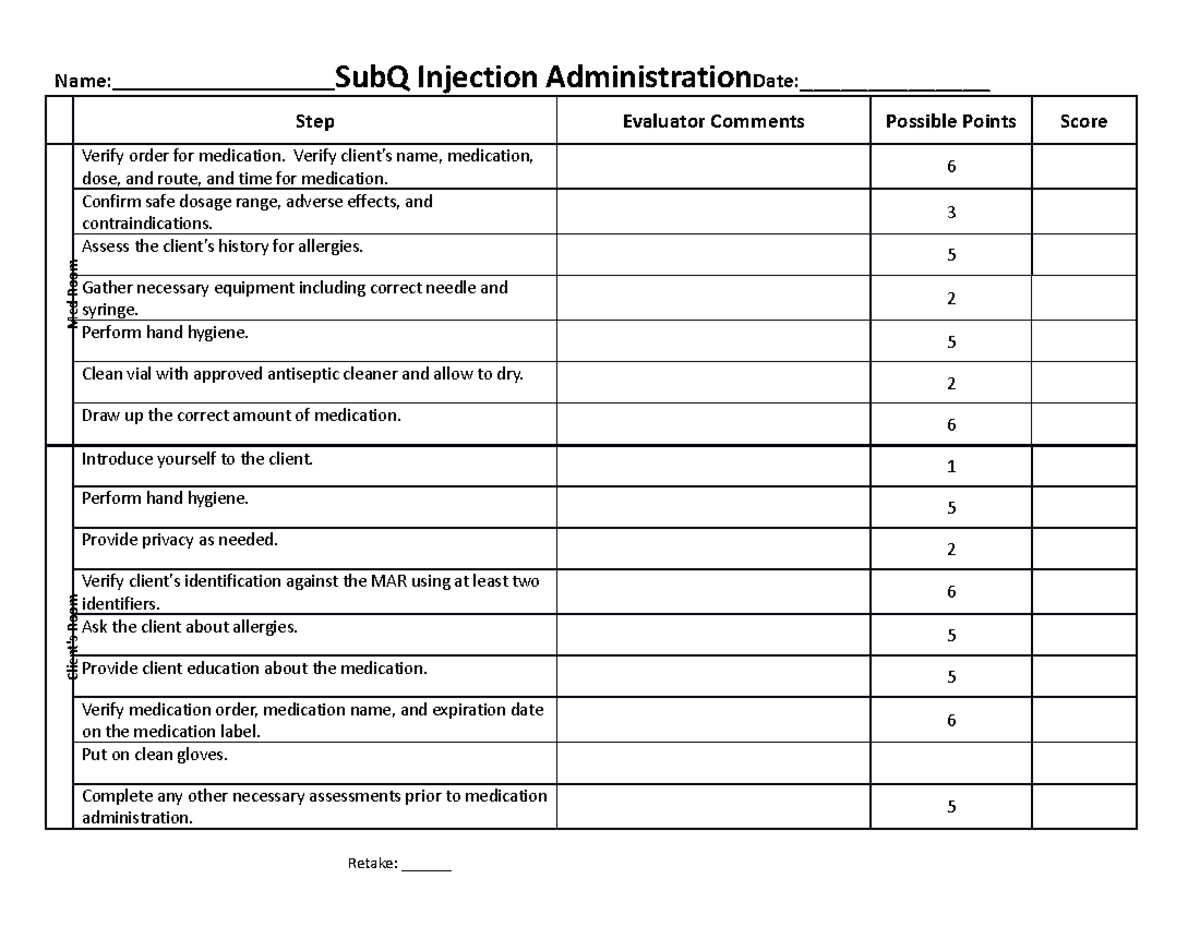 Sub Q Fall 23 - ASSIGNMENT - Name:_______SubQ Injection ...