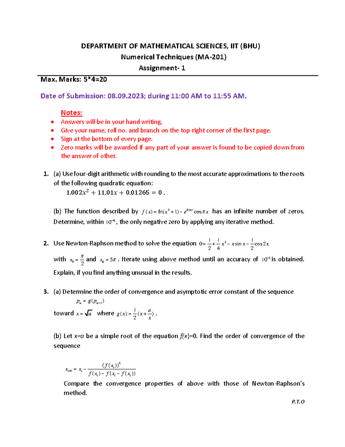MA-201 Assignment 1 - DEPARTMENT OF MATHEMATICAL SCIENCES, IIT (BHU) Numerical Techniques (MA ...