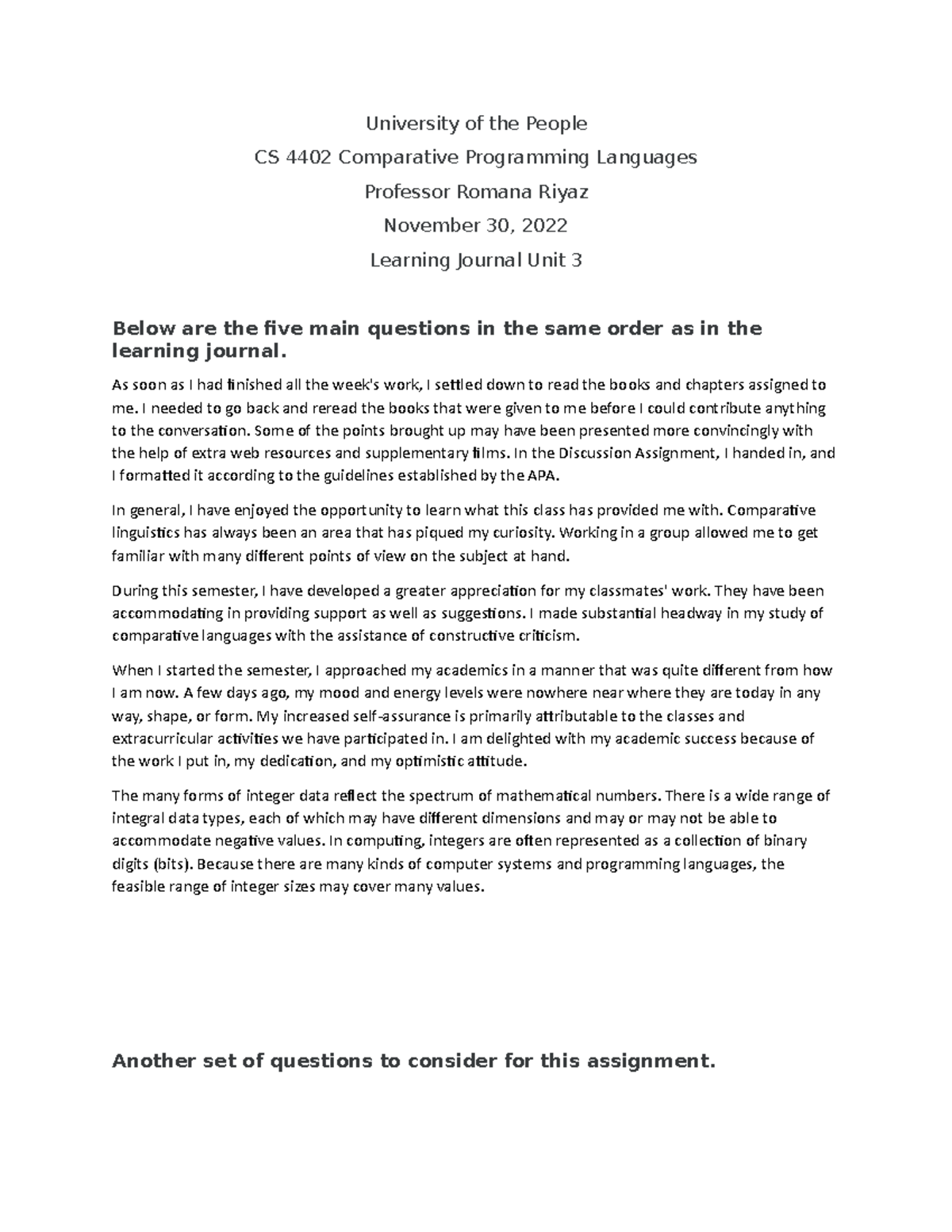 Cs 4402 Learning Journal Unit 3 University Of The People Cs 4402 Comparative Programming