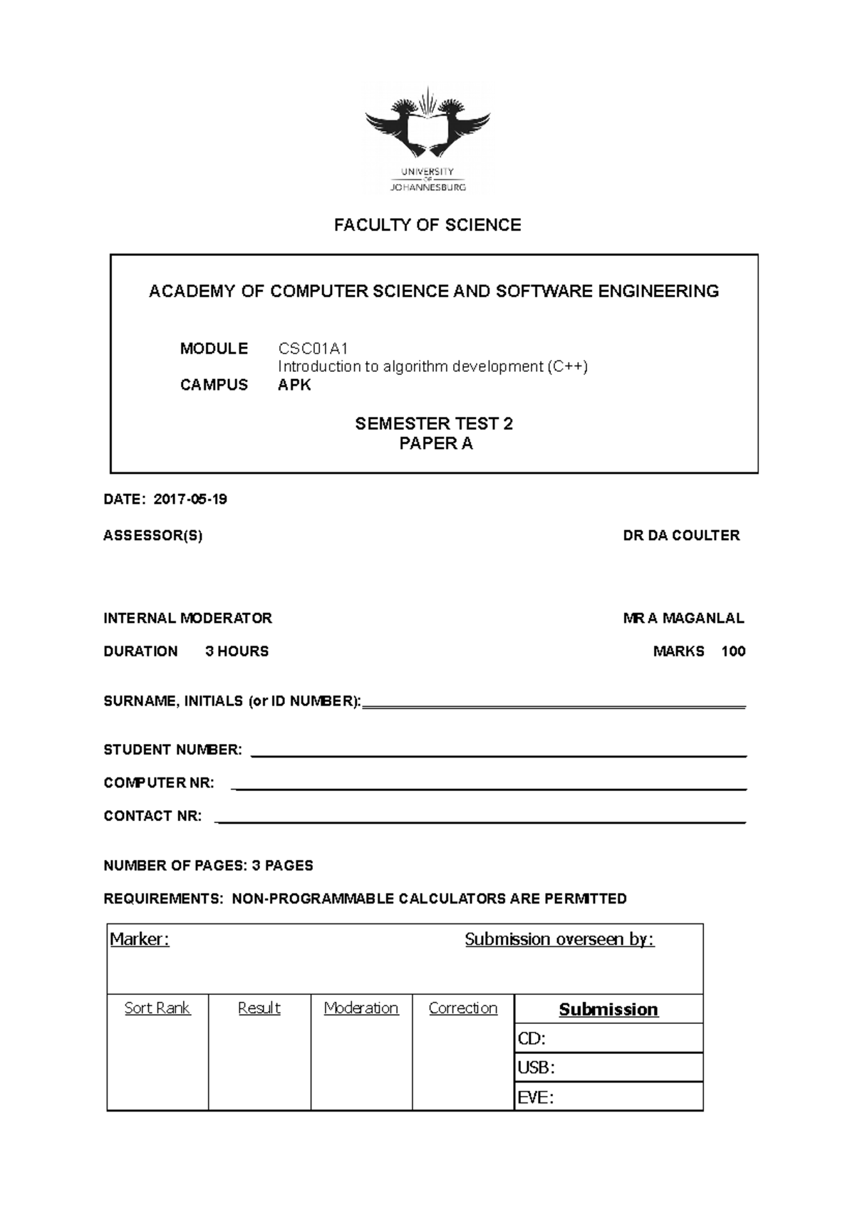 CSC01A1 2017 ST2 A - Semester Test Two 2017 - FACULTY OF SCIENCE ...
