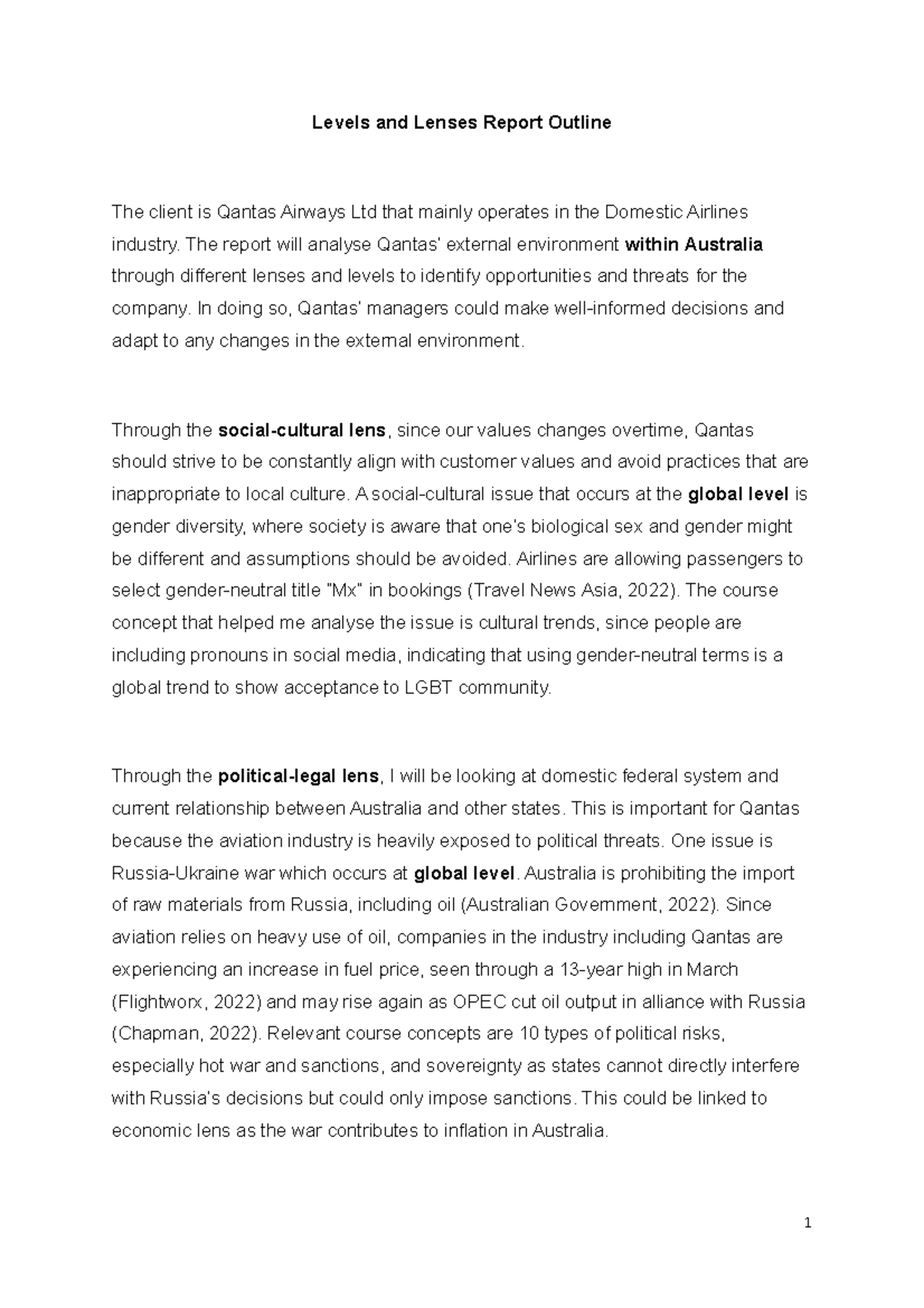 Assessment 2a sample 2 - Levels and Lenses Report Outline The client is ...