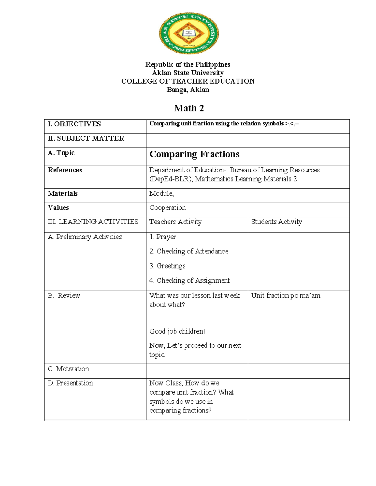 Math 2 module 8 lesson plan - Republic of the Philippines Aklan State ...