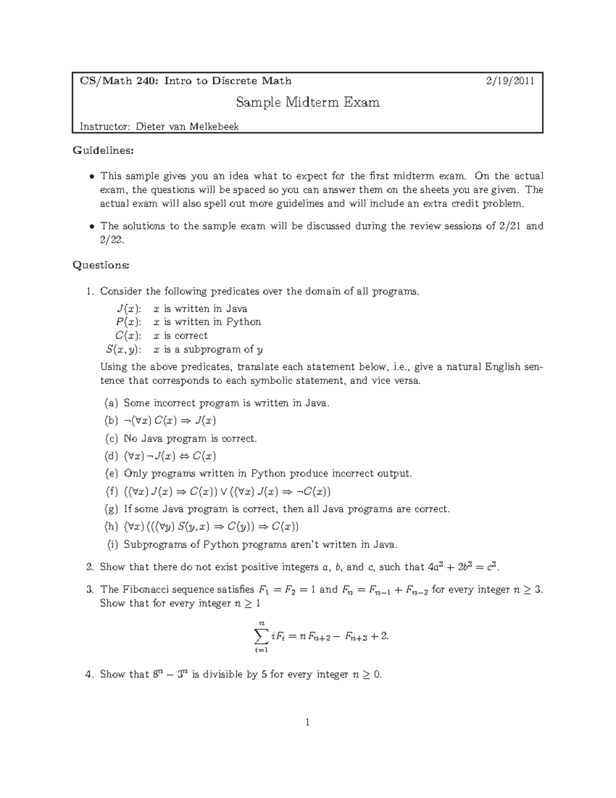 Midterm 1-sample - CS/Math 240: Intro to Discrete Math 2/19/ Sample Midterm Exam Instructor ...