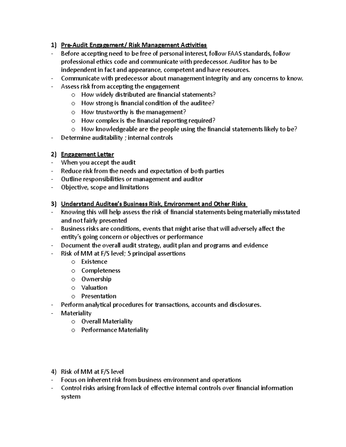 Audit Exam Review - Lecture notes 1 - 1) Pre-Audit Engagement/ Risk ...