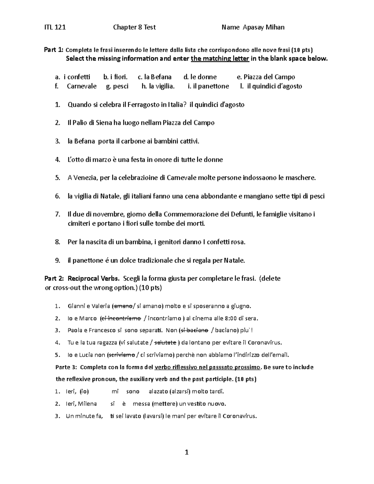 CH 8 test Fall 2020 - Italian Test - ITL 121 Chapter 8 Test Name Apasay ...