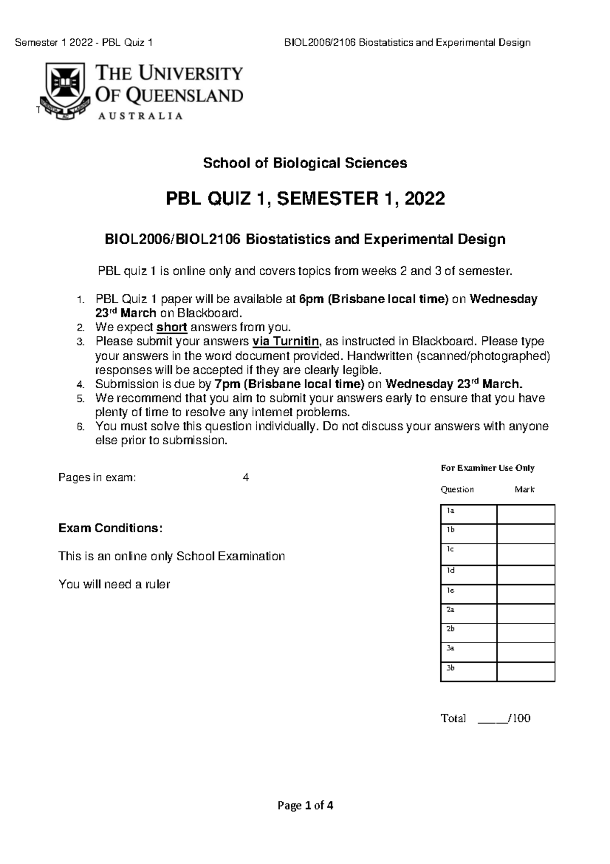 BIOL2006 - PBL Quiz 1 - Past quiz - This exam paper must not be removed ...