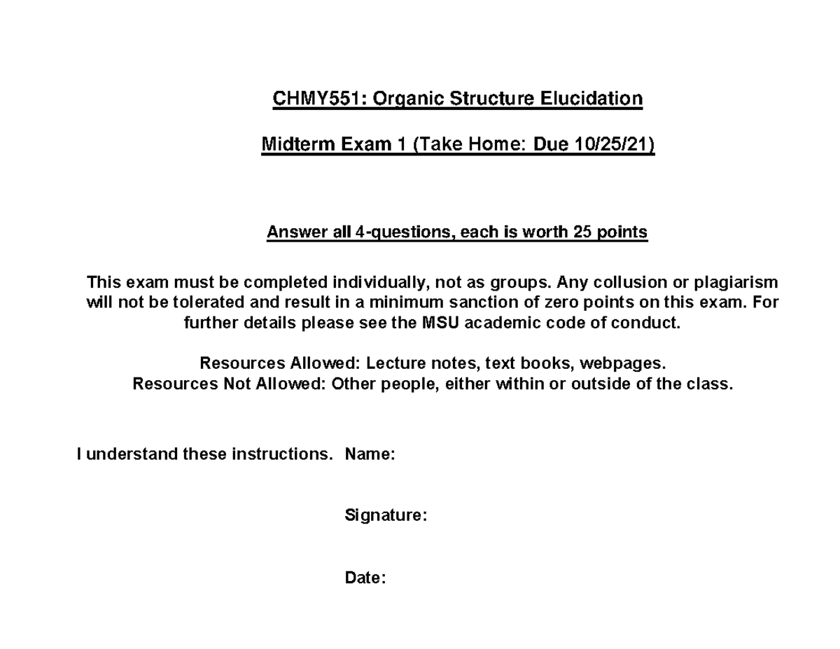 Midterm 1 2021 Final - CHMY551: Organic Structure Elucidation Midterm ...