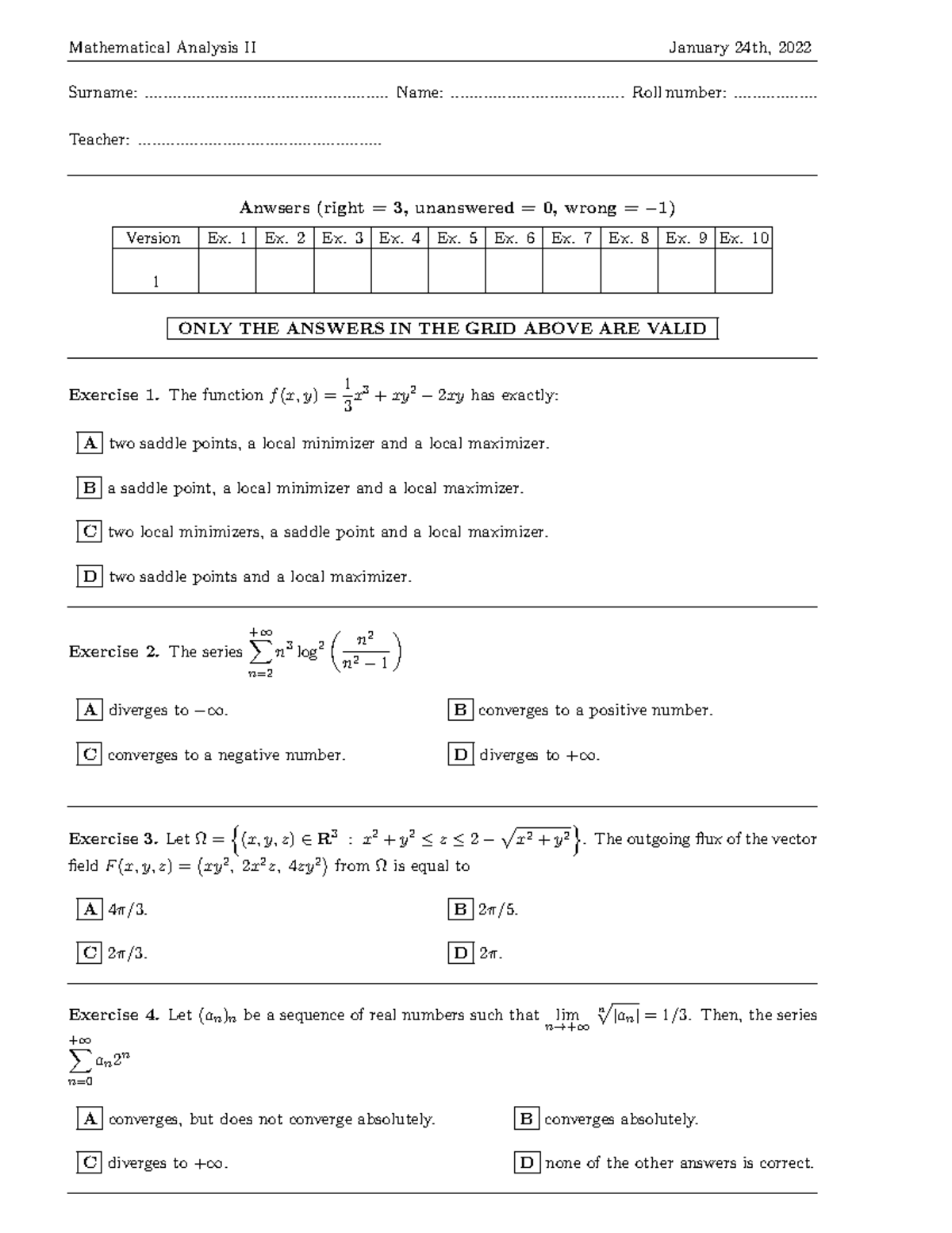 Exam - Mathematical Analysis II - 2022-01-24 - Answers and solutions ...