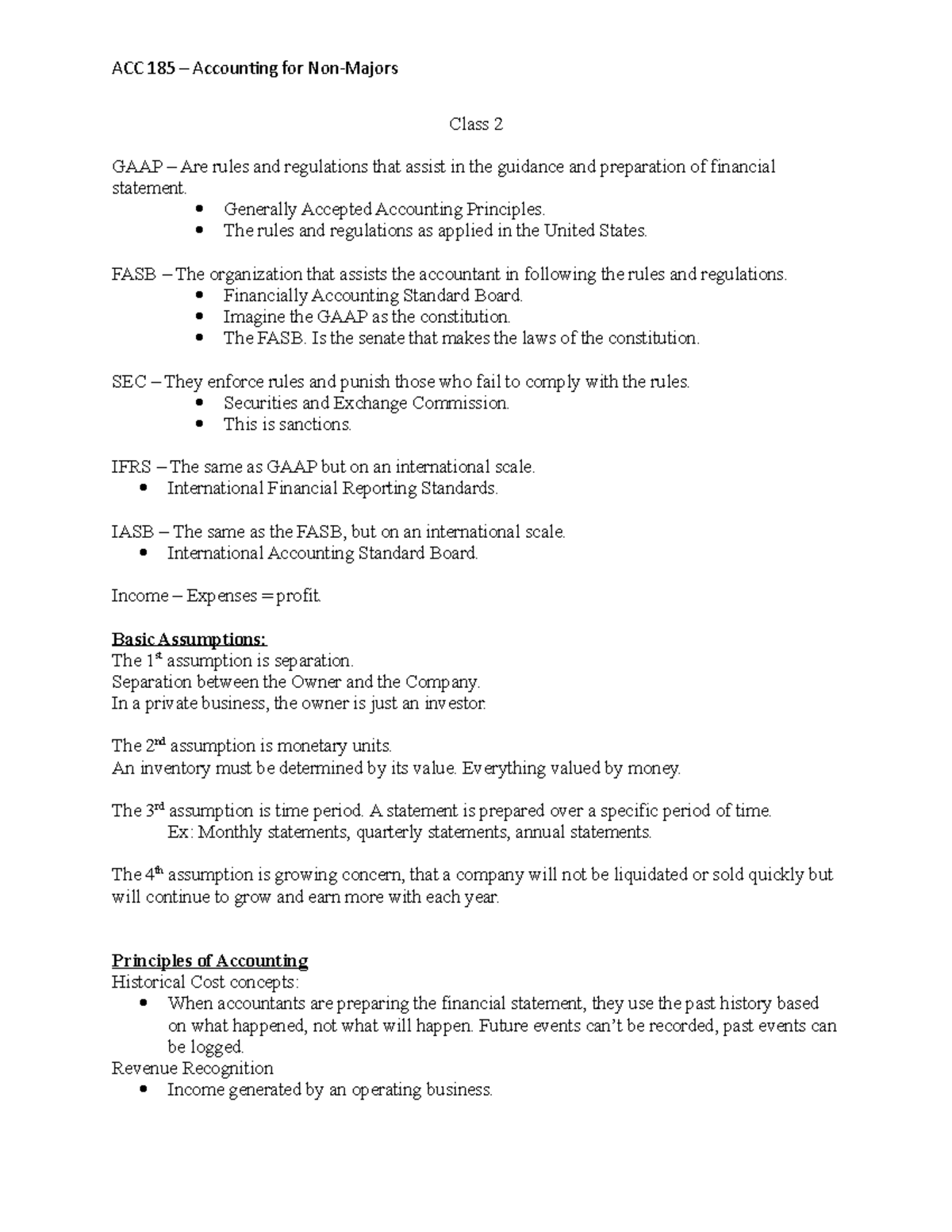 Class 2 - Lecture Notes 2 - ACC 185 – Accounting for Non-Majors Class 2 ...