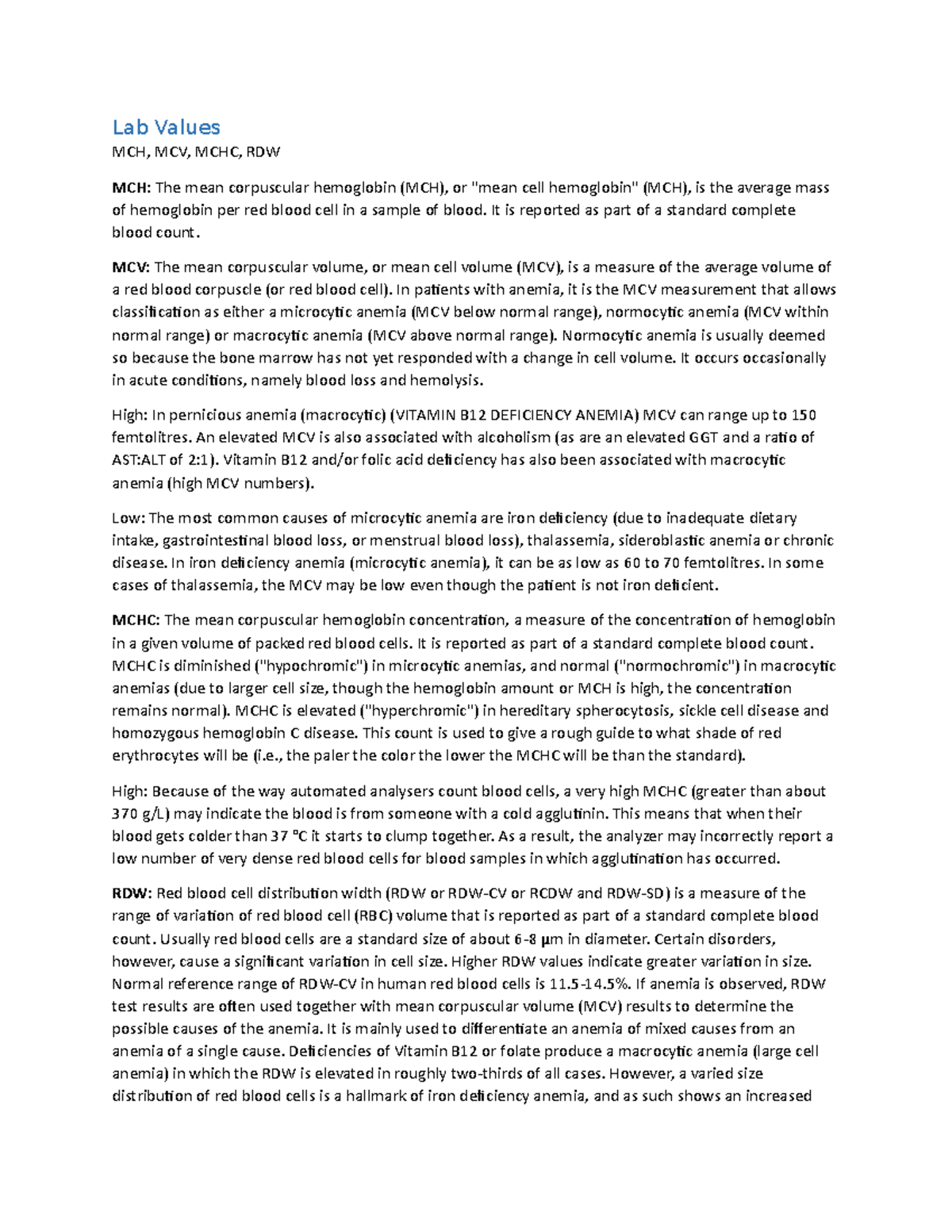 Critical Analysis - A list and description of some lab values. - Lab ...