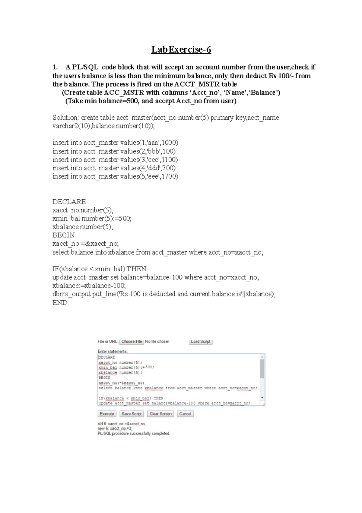 Plsql 2017 - PARACTICAL MATERIAL - LabExercise- 1. A PL/SQL code block ...