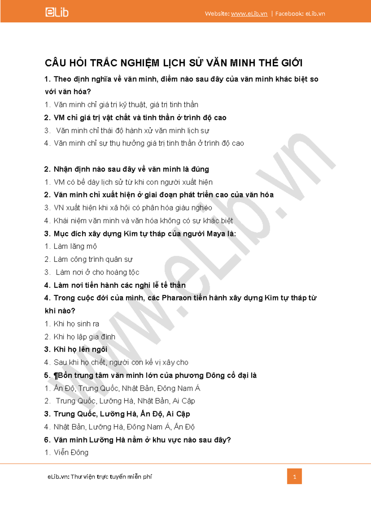 Ngan ha ng cau ho i tra c nghie m mon li ch su van minh the gio i644 - CÂU HỎI TRẮC NGHIỆM LỊCH ...