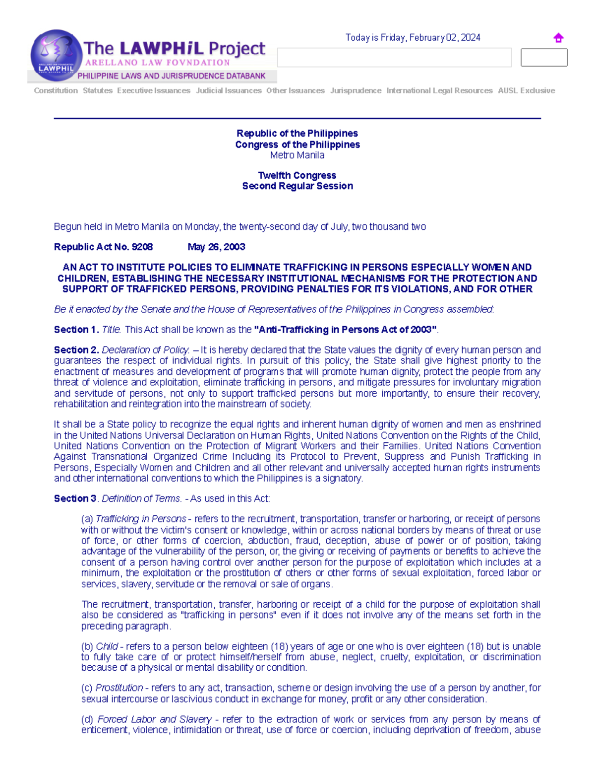 Republic Act 9208 - RA 9208 - Constitution Statutes Executive Issuances ...