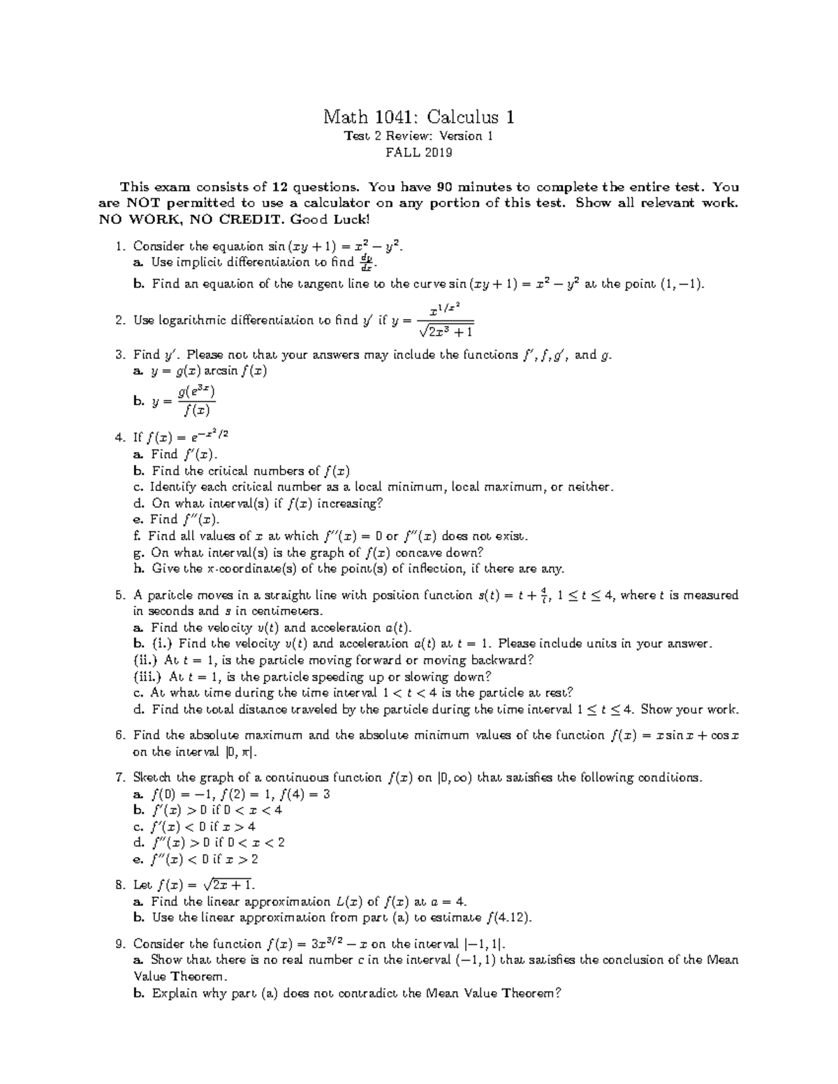 1041 Test 2 Review - Math 1041: Calculus 1 Test 2 Review: Version 1 ...