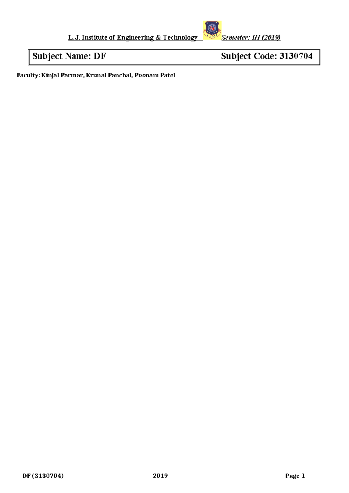 Digital Fundamentals QB ODD 2019 - L. Institute of Engineering & Technology Semester: III (2019 ...