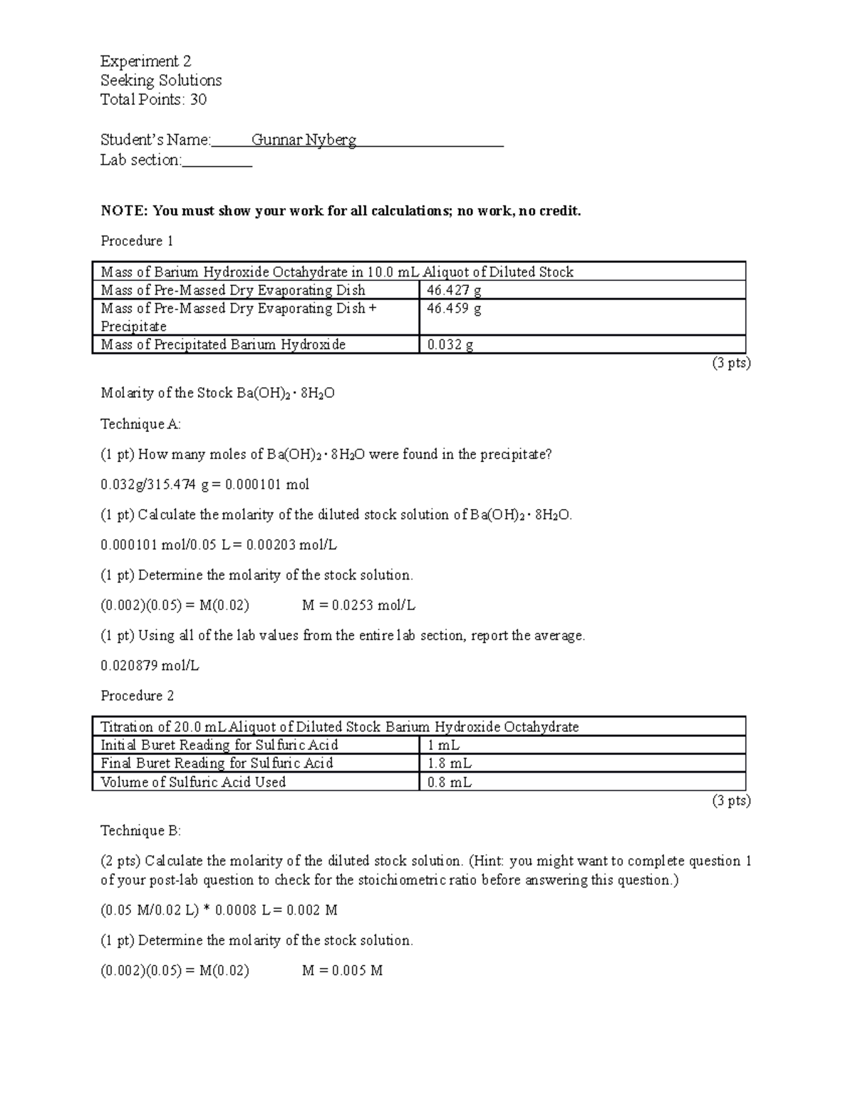 Chem Lab Ex #2 - Lab - Experiment 2 Seeking Solutions Total Points: 30 ...