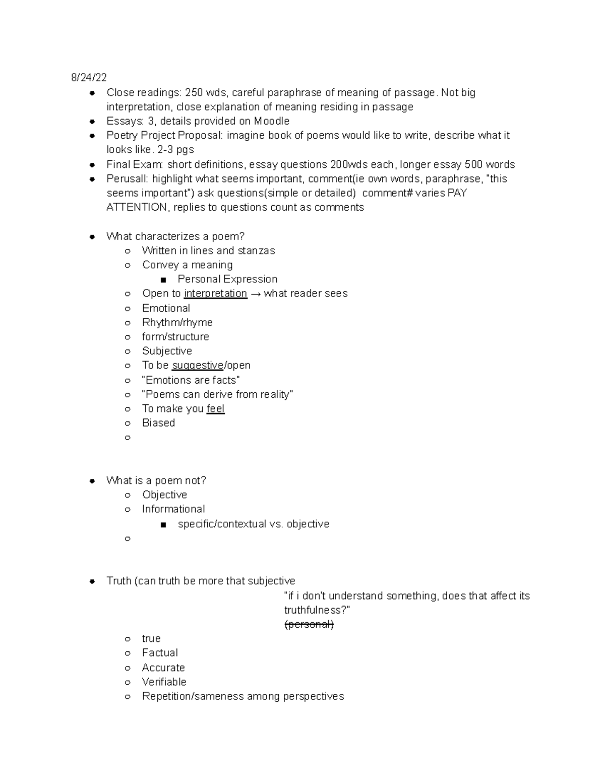 Investigative Poetry Notes - 8/24/ Close readings: 250 wds, careful ...