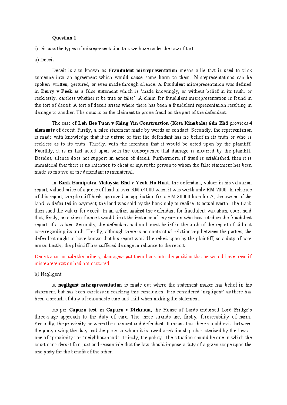 Tutorial Liability of Incorrect Statement - Question 1 i) Discuss the types of misrepresentation ...