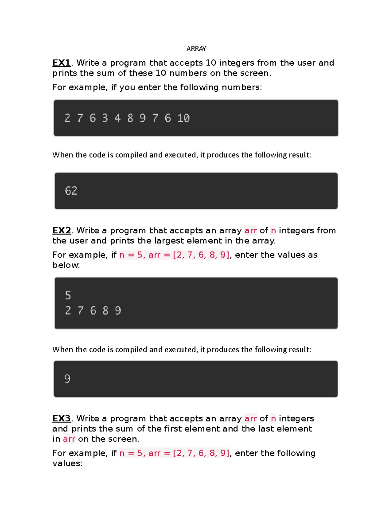 F Array Exercises Array Ex1 Write A Program That Accepts 10 Integers From The User And Prints 0972