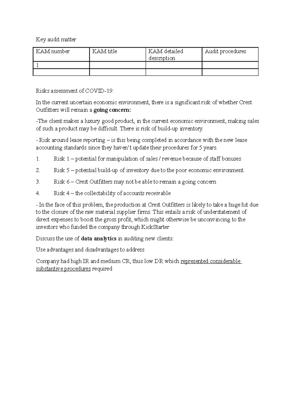 Audit final report - Key audit matter KAM number KAM title KAM detailed ...