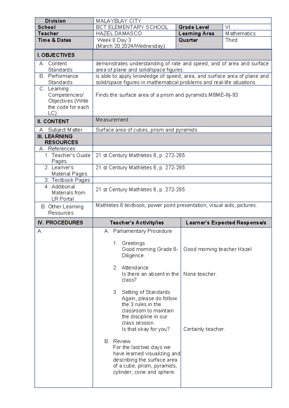 LP in Math Surface Area of Cube, Prisma and Pyramid - Division ...